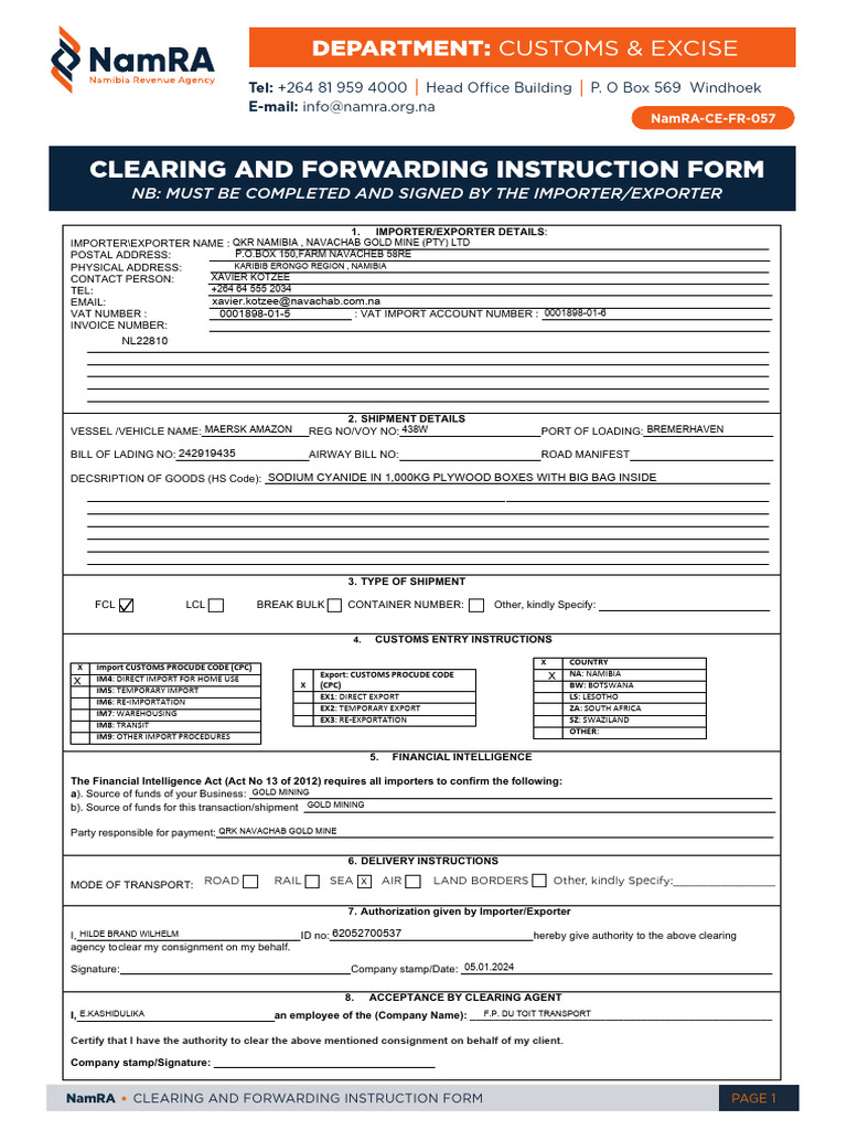 NamRA Clearing Instruction Form | PDF | Customs
