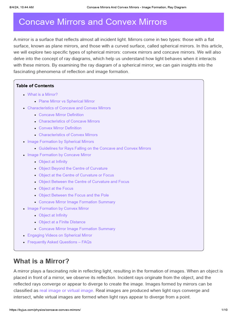 Concave Mirrors and Convex Mirrors - Image Formation, Ray Diagram | PDF ...