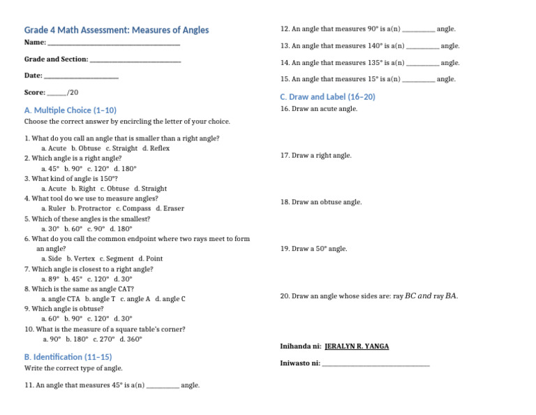 Grade 4 Math: Angle Measurement Test | PDF