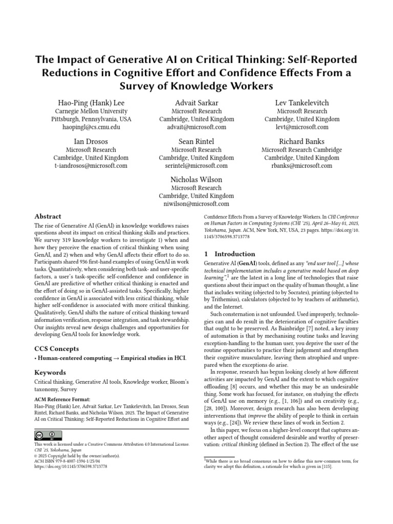 The Impact of Generative AI On Critical Thinking 1741030807 | PDF | Critical Thinking | Thought