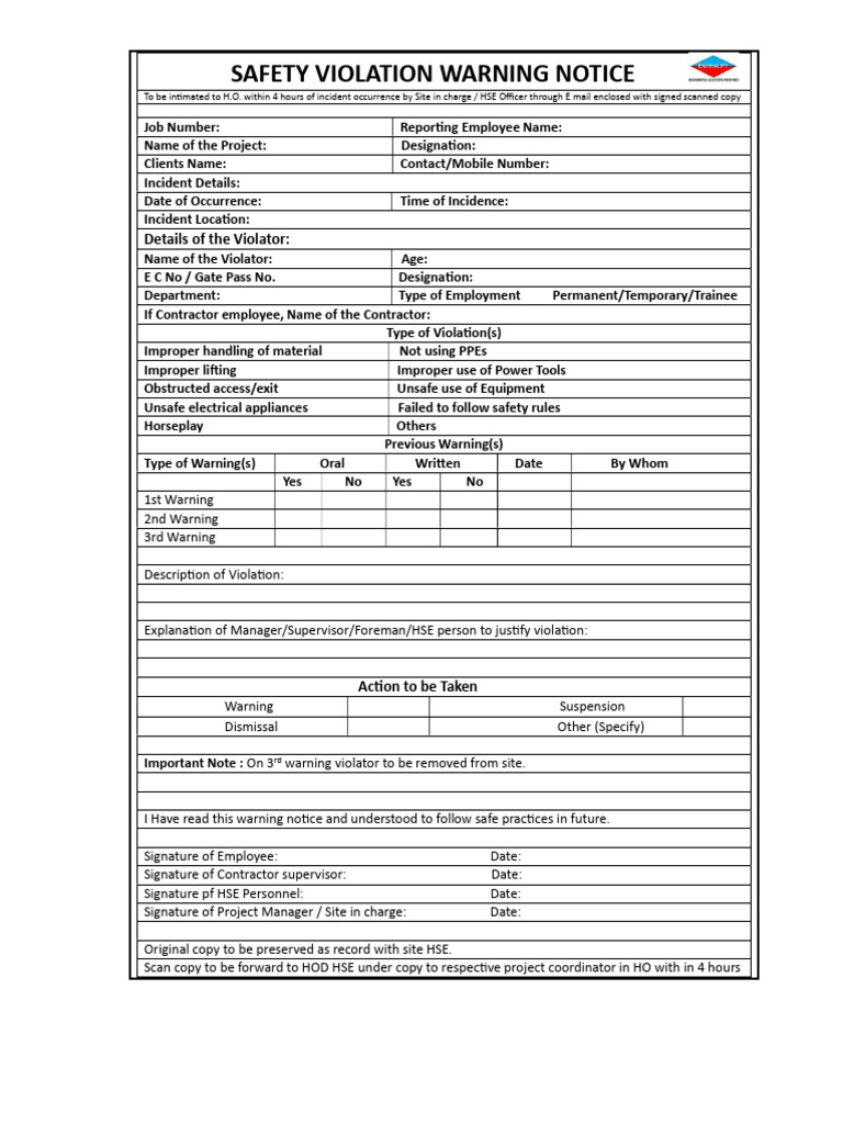 Safety Violation Warning Notice | PDF