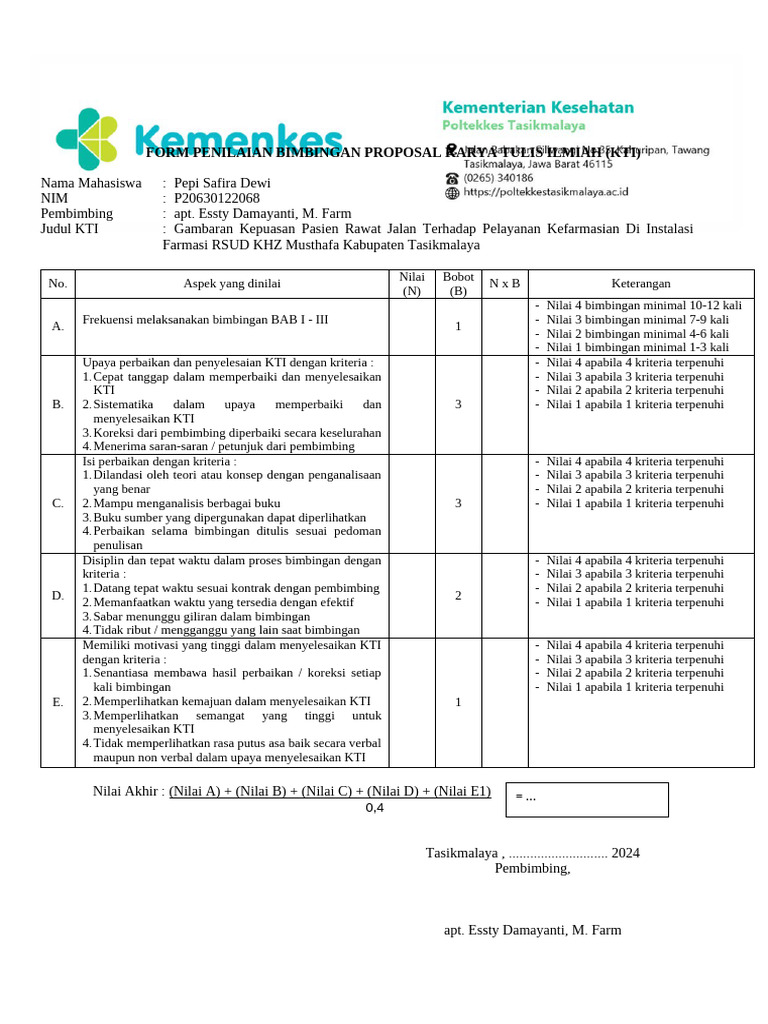 Rubrik Penilaian Bimbingan Proposal KTI | PDF