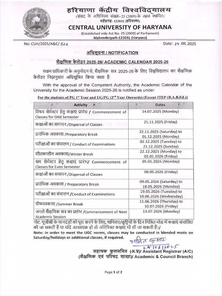 0A&C-D-526 (Academic Calendar-2025-26) UG-PG (2nd Year) & PG (1st Year ...