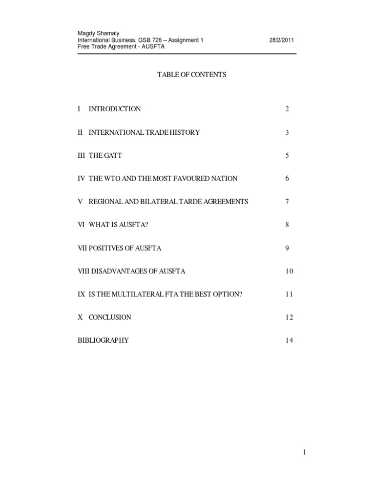 Free Trade Agreement, AUSFTA Assignment 1 | World Trade Organization ...