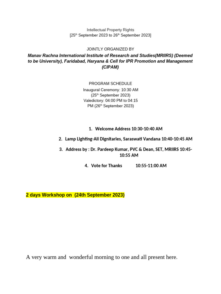 2 Days Workshop On IPR - (15th September 2023) | PDF | Intellectual ...