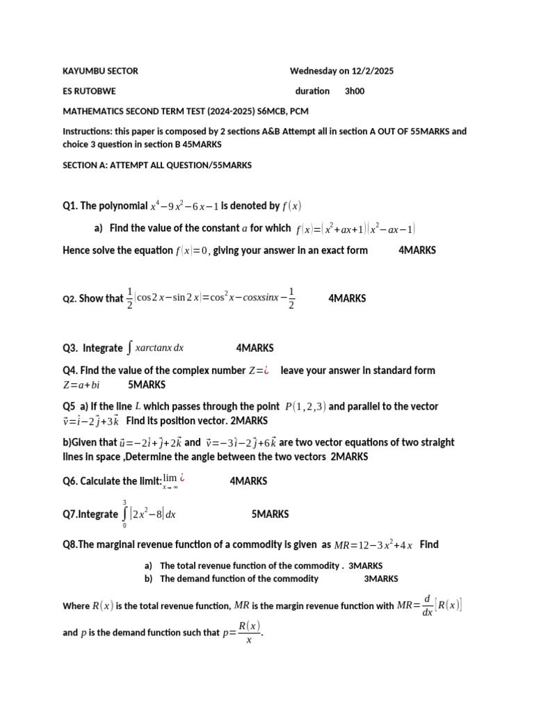 2024-2025 Maths Second Term Test | PDF | Matrix (Mathematics ...