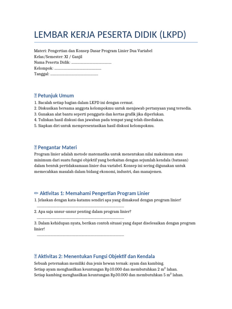 LKPD Pengertian Dan Konsep Dasar Program Linier Dua Variabel | PDF