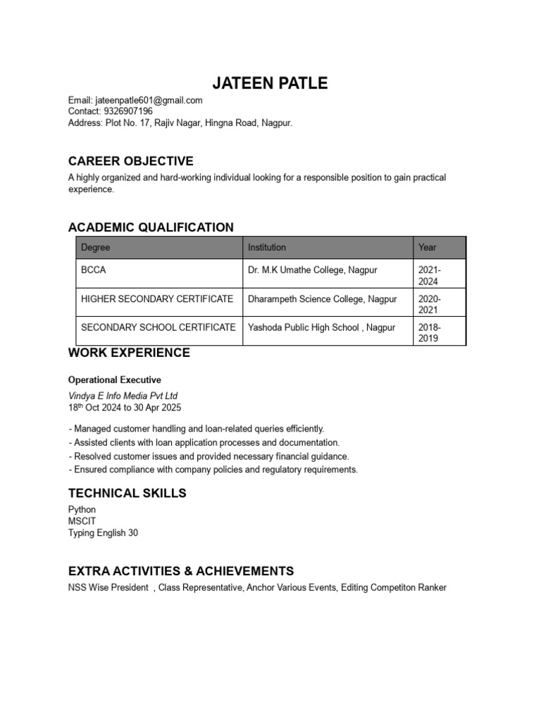 Jateen Patle Resume | PDF