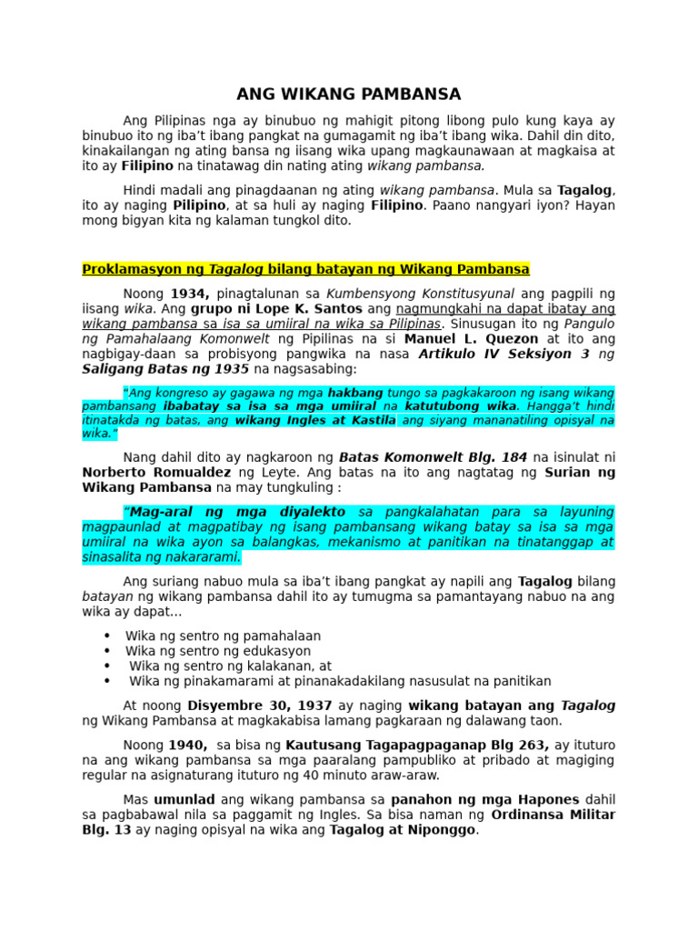 Wikang Pambansa, Opisyal, Panturo | PDF