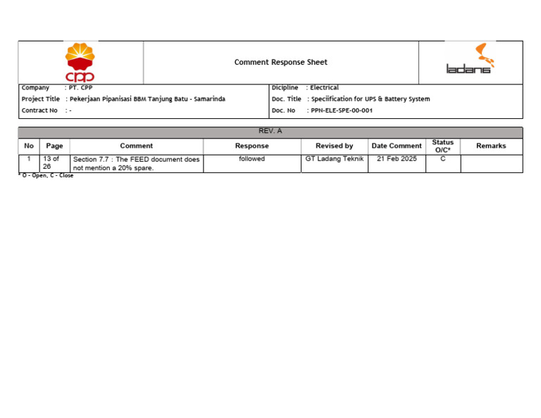 Comment Respon Sheet PPN-ELE-SPE-00-001 - Specification For UPS ...