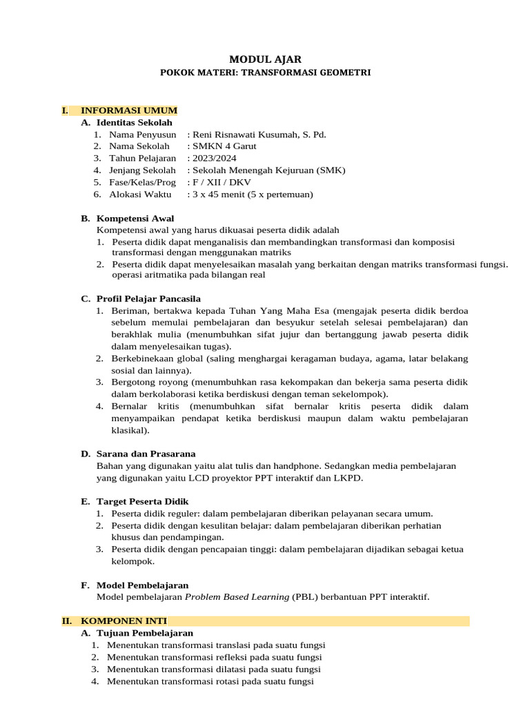 Modul Ajar TRANSFORMASI Fungsi | PDF