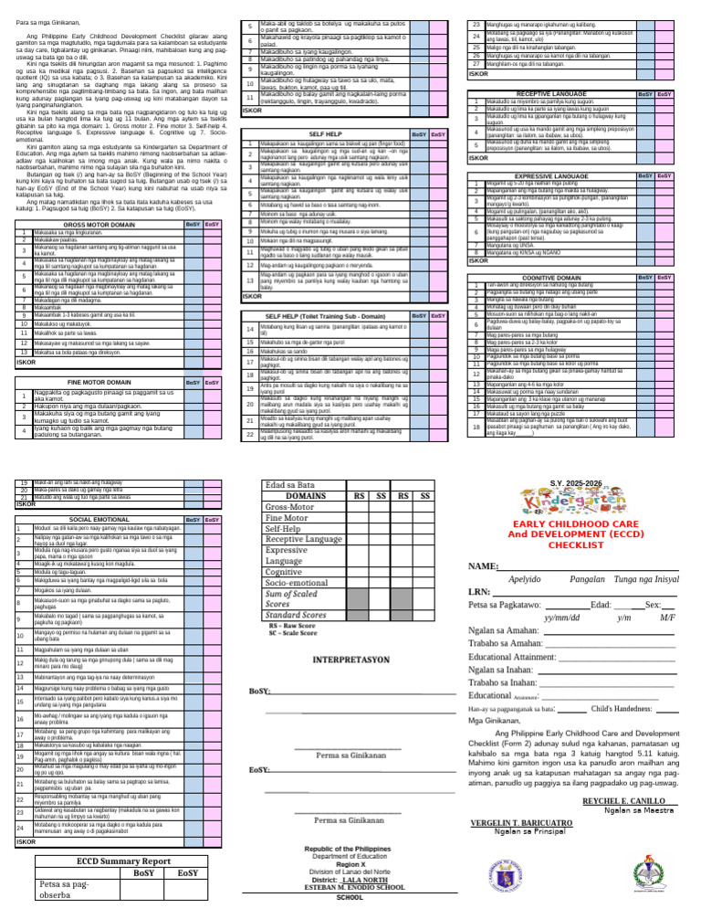 NEW Kinder ECCD Checklist For Invididual Learners Record 20 21 | PDF