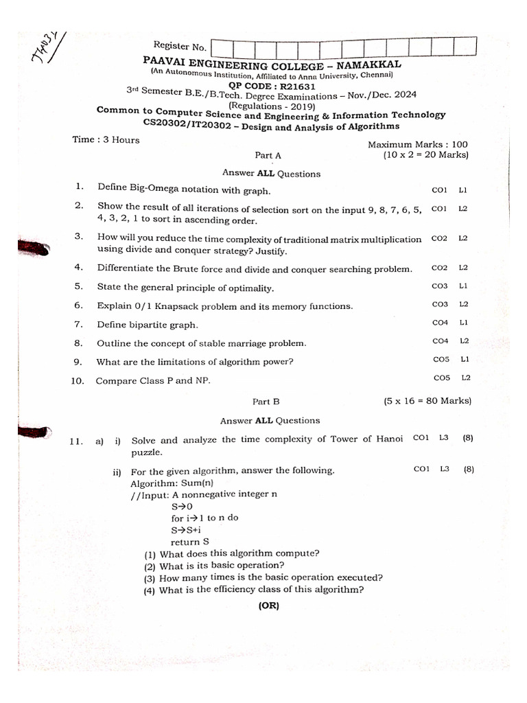 Daa Questions Paper | PDF