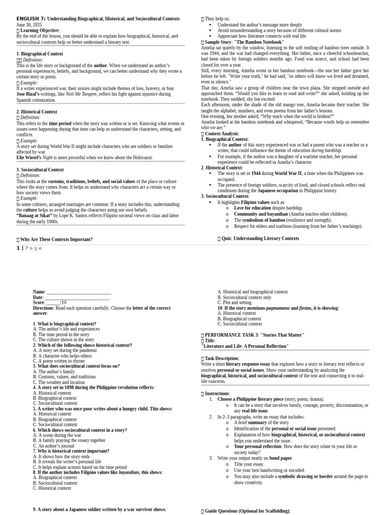 Understanding Literary Contexts for Grade 7 | PDF
