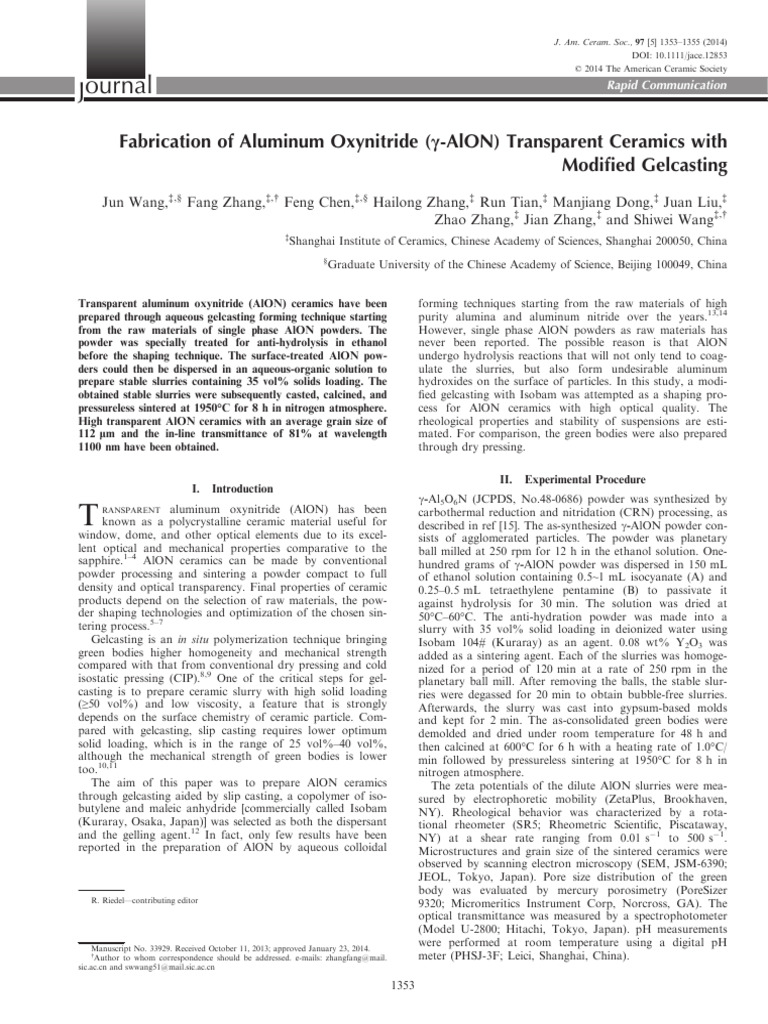 Gelcasting of Transparent AlON Ceramics | PDF | Sintering | Ceramics