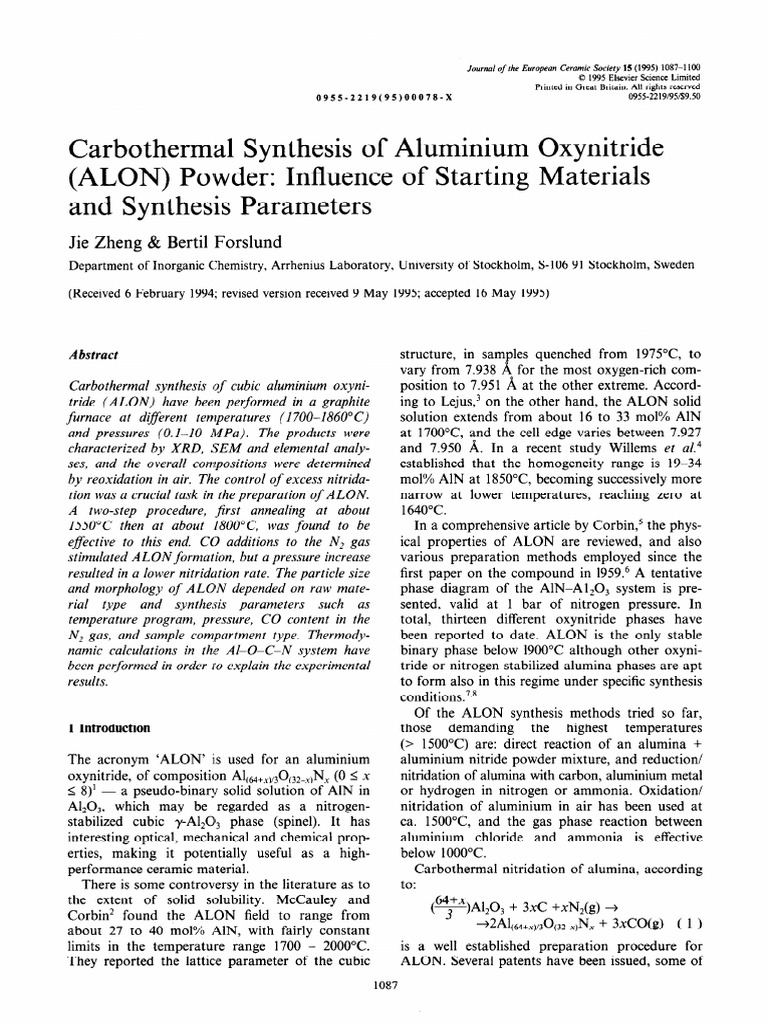 Carbothermal Synthesis of Aluminium Oxynitride (ALON) Powder Influence ...