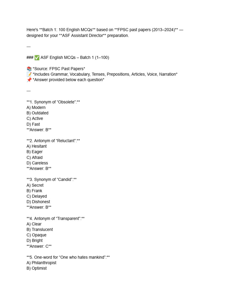 FPSC English MCQs for ASF Preparation | PDF | Grammar