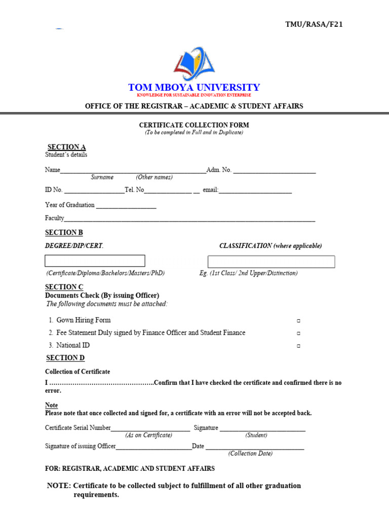 TMU Certificate Collection Form | PDF