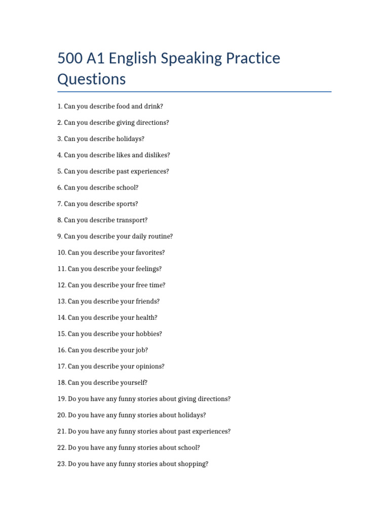 A1 English Speaking Practice Questions | PDF