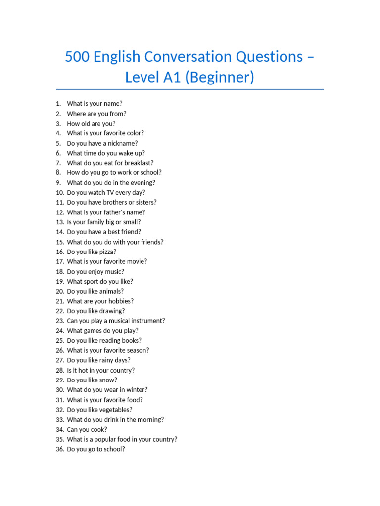 Level A1 500 Conversation Questions | PDF