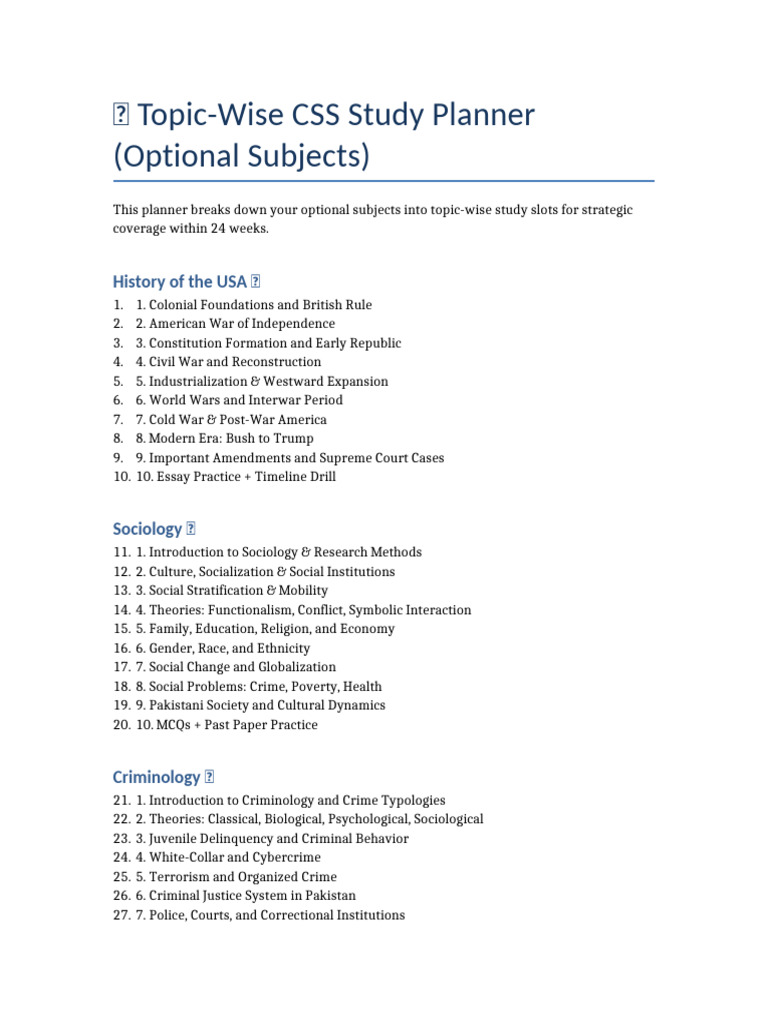 CSS Optional Subjects TopicWise Planner | PDF