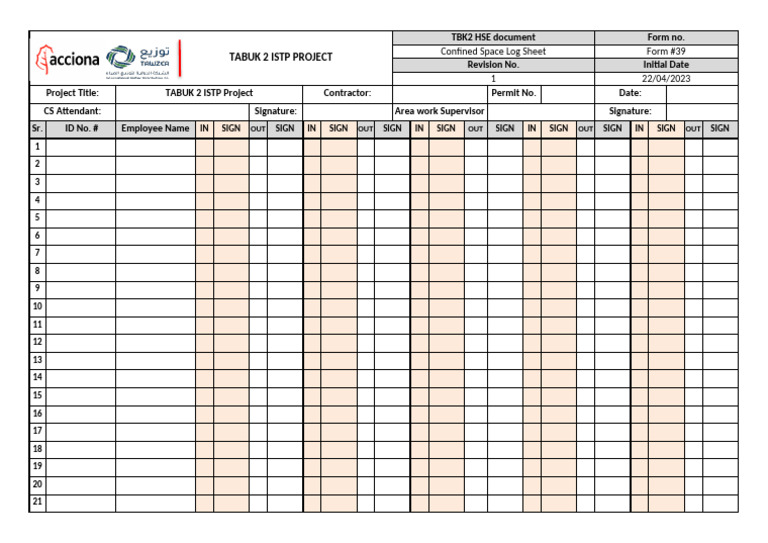 Confined Spaces Log Sheet | PDF