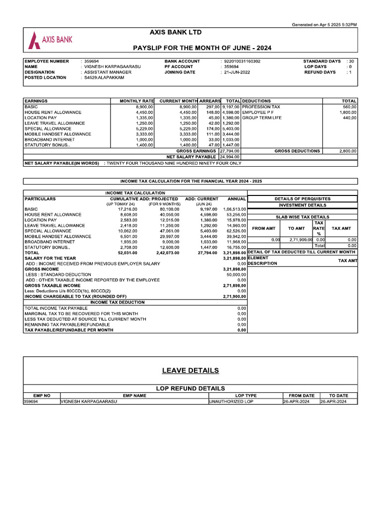 Pay Slip Axis | PDF