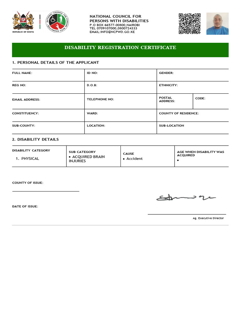 NCPWD A6SJE57 Disability Registration Certificate - 2 | PDF