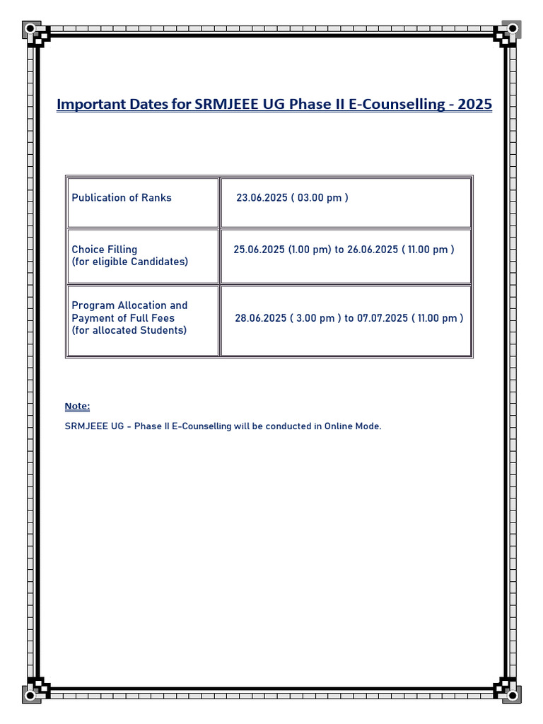 SRMJEEE Phase II Counselling Dates 2025 | PDF