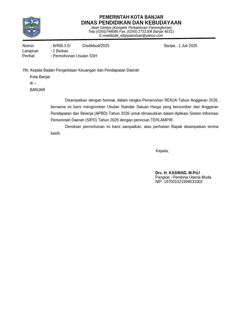 Surat Permohona Input SSH Kota - Renja - 2026 | PDF