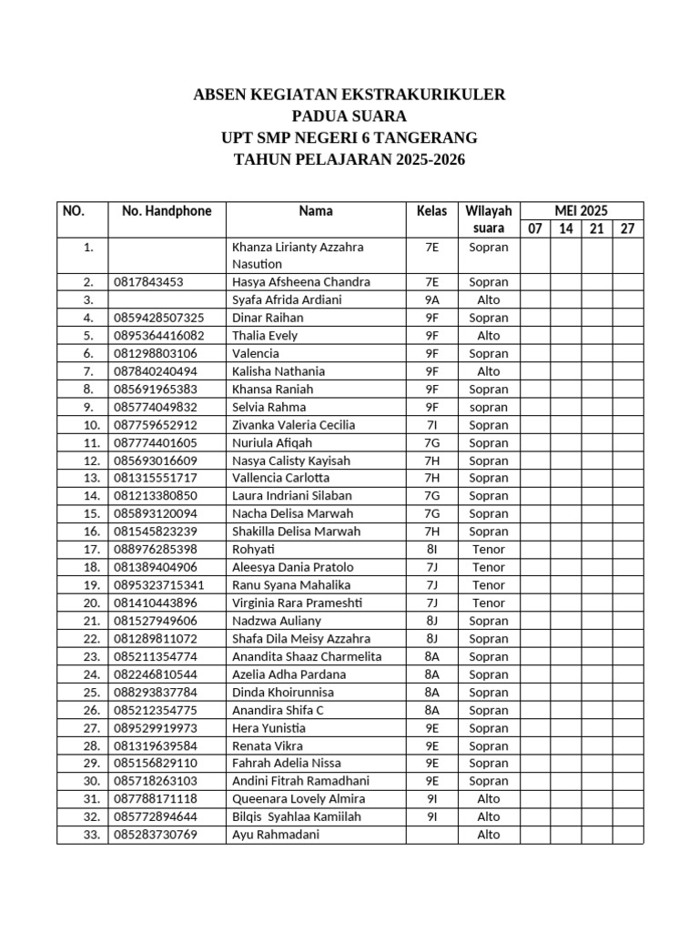 Absen Kegiatan Ekstrakurikuler Fix Mei 2025 | PDF | Chess Theory | Chess