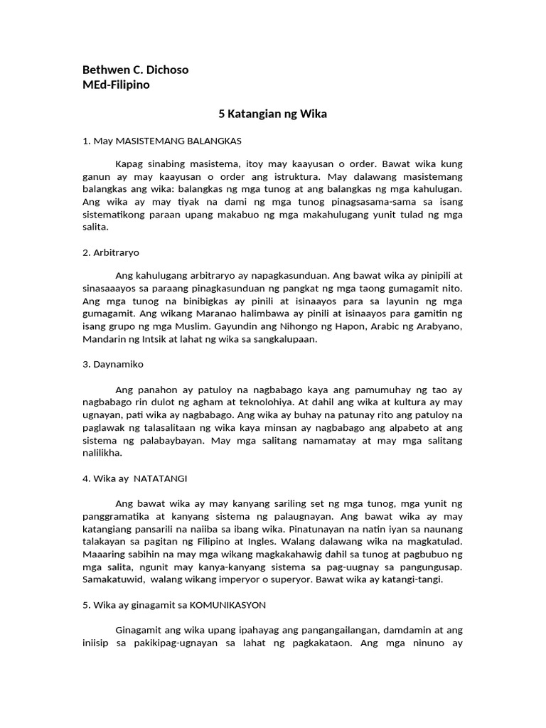 Katangian NG Wika - Pag-Aaral NG Wika | PDF