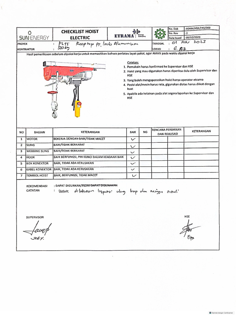 Checklist Hoist Electric Nov | PDF