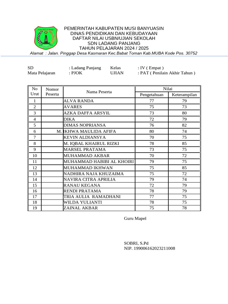 Nilai Pjok Kelas - 4 | PDF