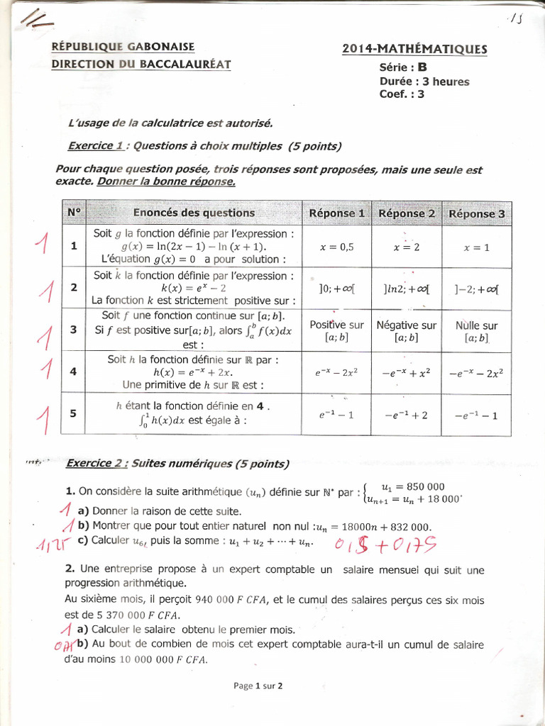 Bac Serie B Gabon 2014 Maths0001 | PDF
