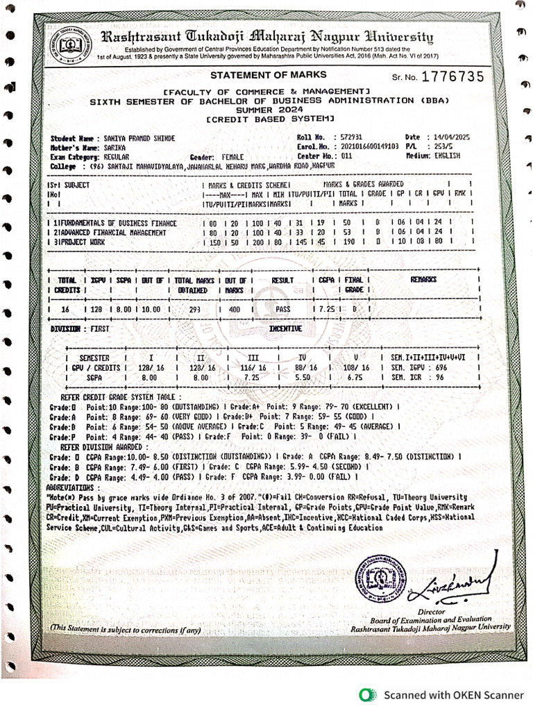 6th Sem Marksheet | PDF