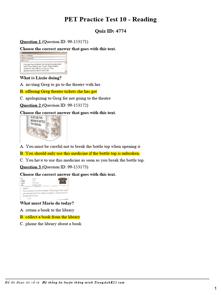 PET Reading Practice Test 10 | PDF | Mail | Cartoon