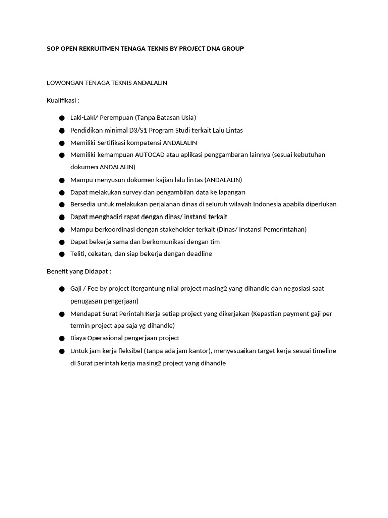 Sop Loker Tenaga Teknis - Dna Group | PDF