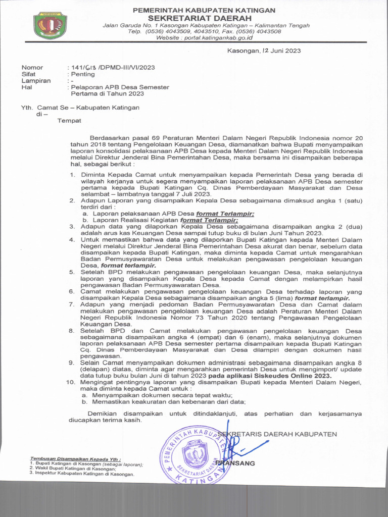 Surat Setda Pelaporan Apbdes Semester I086 | PDF