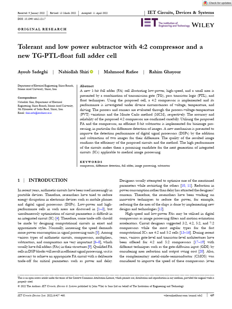 IET Circuits Devices Syst - 2022 - Sadeghi - Tolerant and Low Power ...