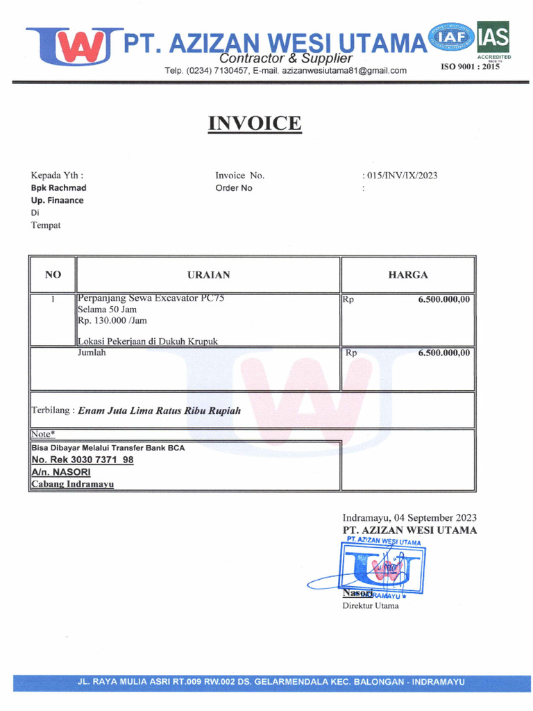 Invoice Sewa Excavator PC75 | PDF