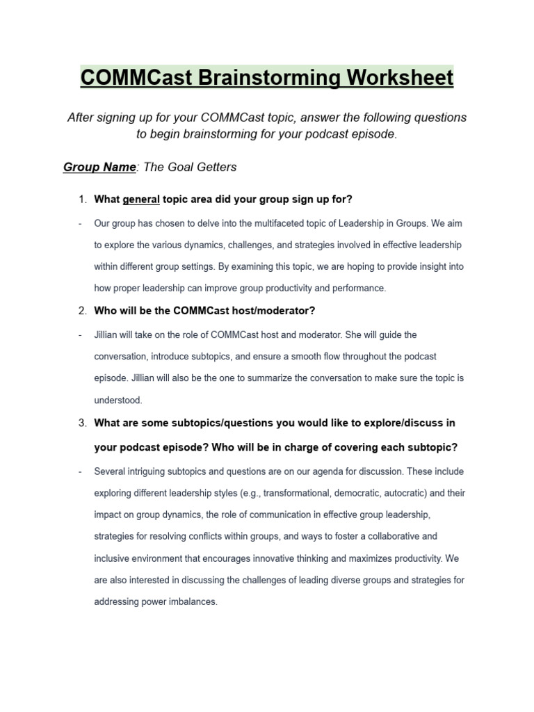 COMMCast Brainstorming Worksheet | PDF | Leadership | Social Psychology