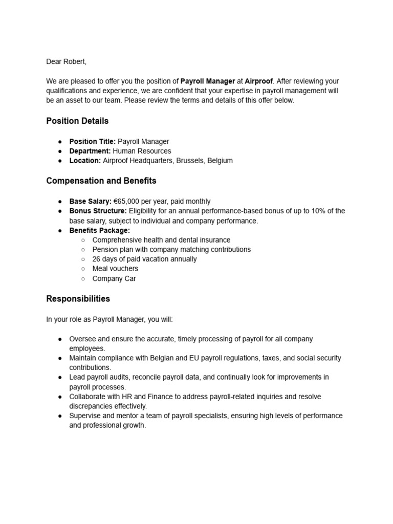 Recruitment - Robert Offer Letter | PDF | Payroll | Employment
