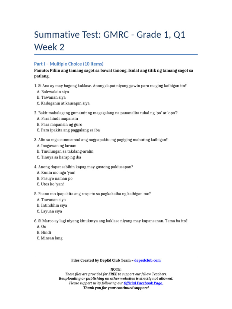 Summ - Test GMRC 1 q1 w2 | PDF