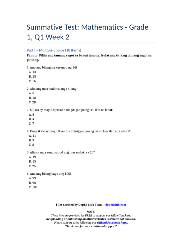 Summ - Test Mathematics 1 q1 w2 | PDF