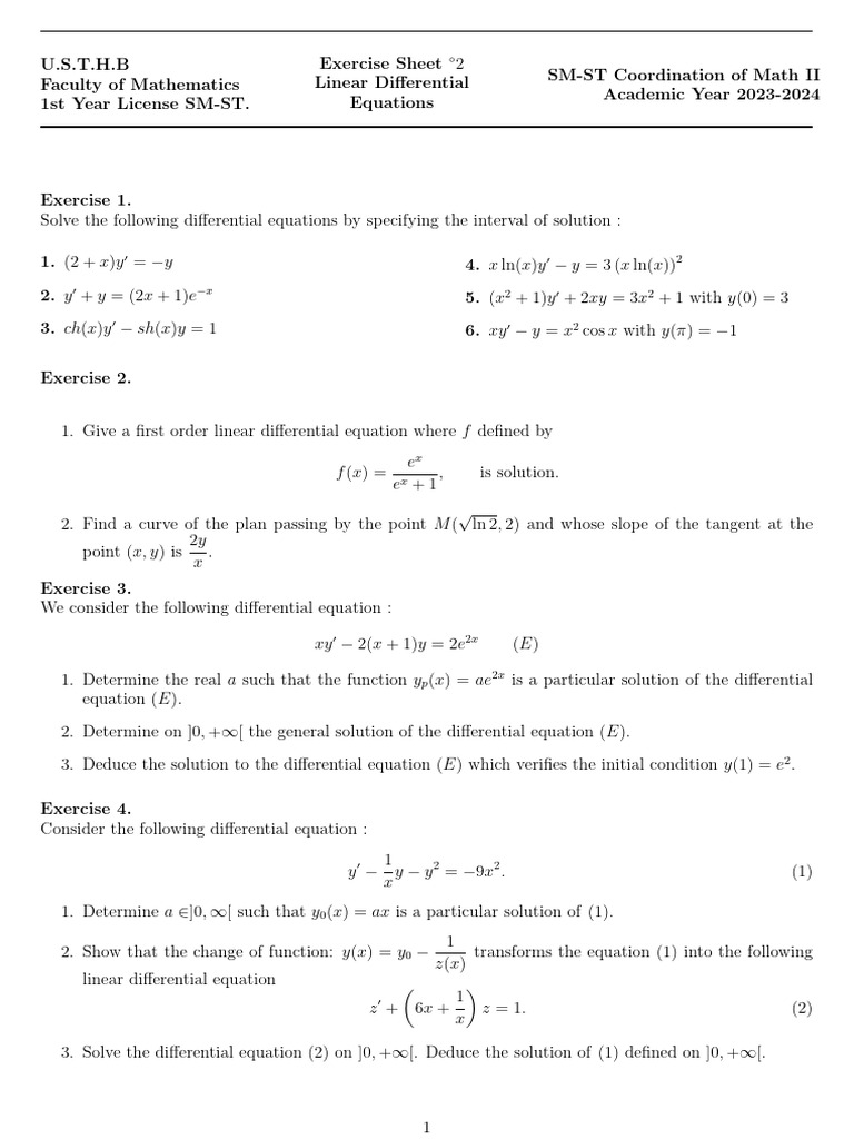 Exercises Sheet #2 (Linear Differential Equations 1st and 2nd Order ...