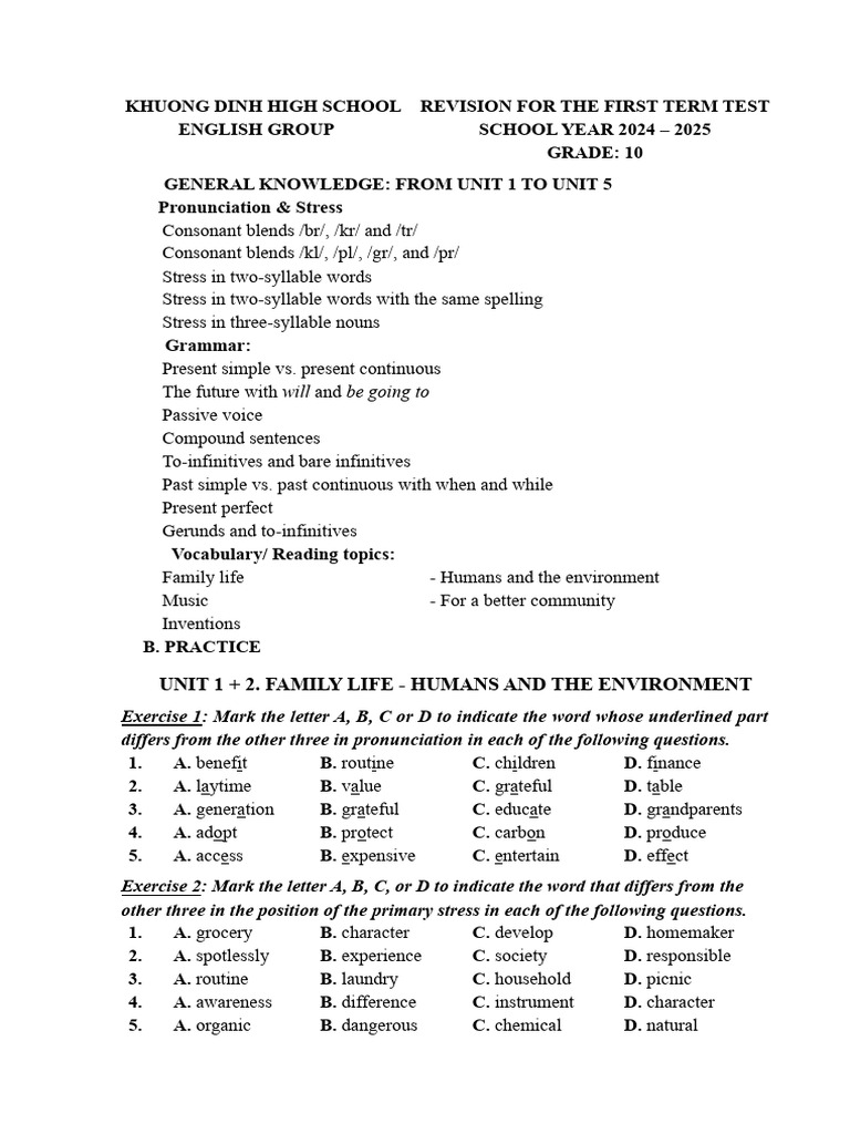 K10 Đề Cương Tiếng ANh CK1 24-25 (STUDENTS) | PDF | Carbon Footprint | Family