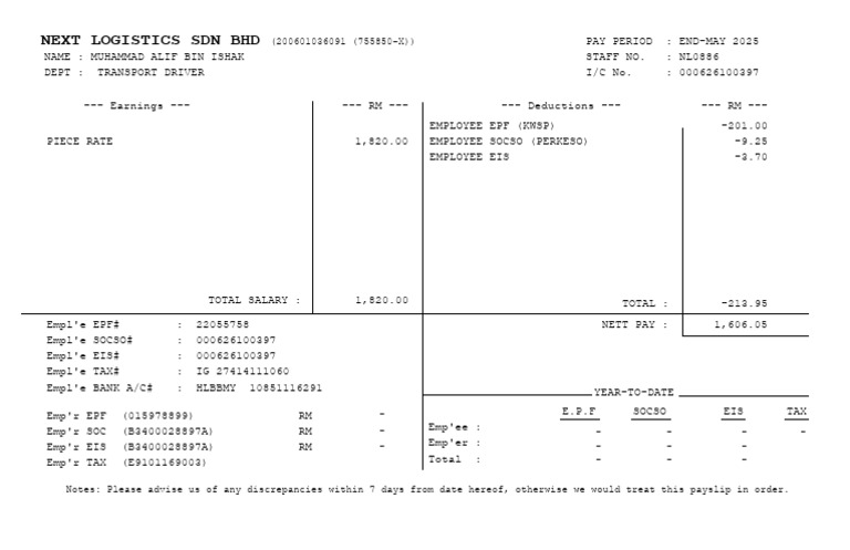 Driver Payslip Sample for May 2025 | PDF