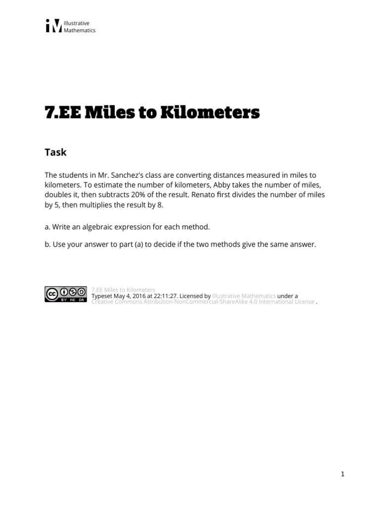 7.EE.A Miles To Kilometers | PDF