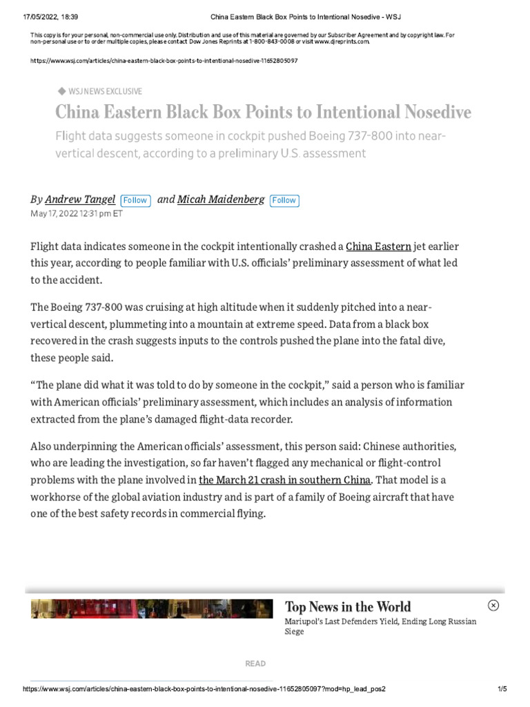 China Eastern Black Box Points To Intentional Nosedive - WSJ | PDF